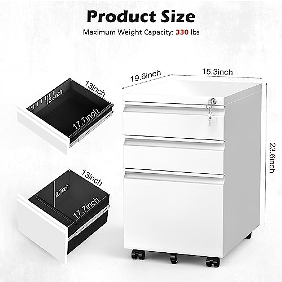 OLIXIS Home Office, File Cabinet Fireproof with Lock, Mobile Storage with Pre-Assembled, 3 Drawer, White