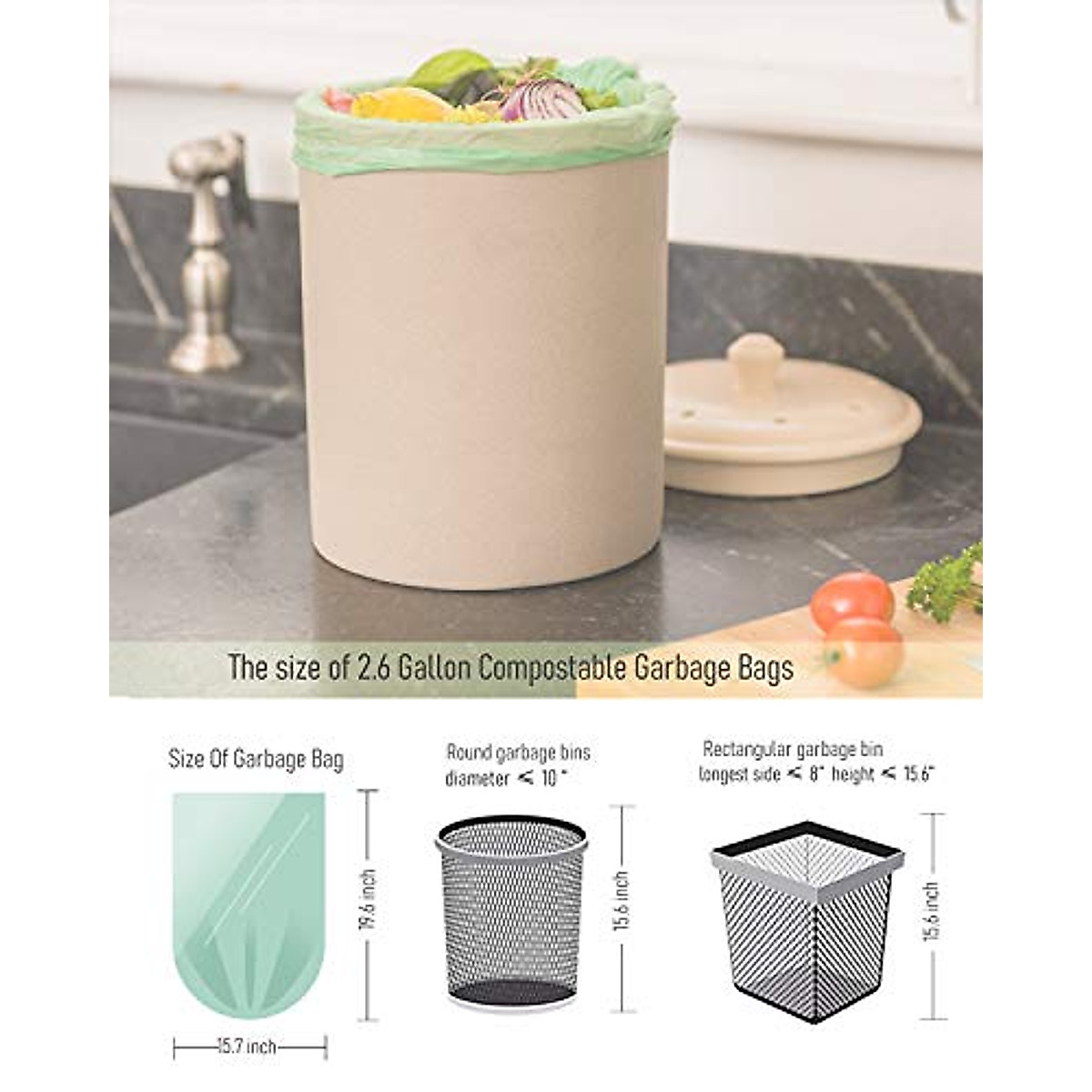 Small Trash Bags, 2.6 Gallon Compostable Trash Bags Bathroom Wastebasket Can Liners , 125 Count (Pack of 1) Mini Compost Trash Bags For Bedroom Office Fit 10 Liter ,Green