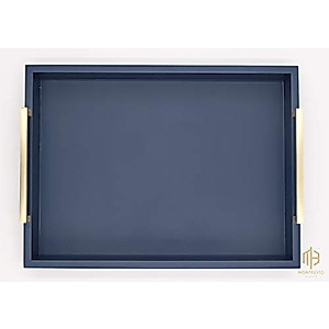 Montecito Home Decorative Coffee Table Tray - Ottoman Tray - Breakfast, Drinks, Liquor Serving Platter - from Farmhouse to Modern - Matte Finish - Champagne Gold Handles - Twilight Blue
