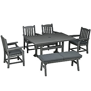 Outsunny 6 Pieces Patio Dining Set, 6 Seater Outdoor Table and Chairs, Conversation Furniture, Armrests, Loveseat Bench, Dinner Table with Umbrella Hole, Cushions, Dark Gray