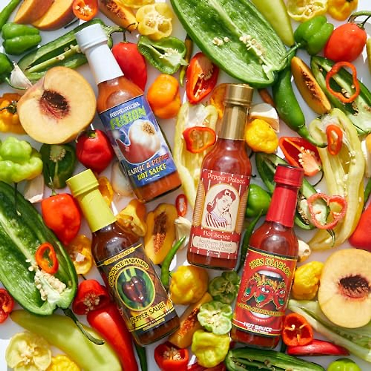 Pepper Palace Wild to Mild Hot Sauce Variety Gift Kit: Tr3s Diablos, Garlic Fusion, Southern Peach and Vidalia Onion Hot Sauce, and Chocolate Habanero Sauces