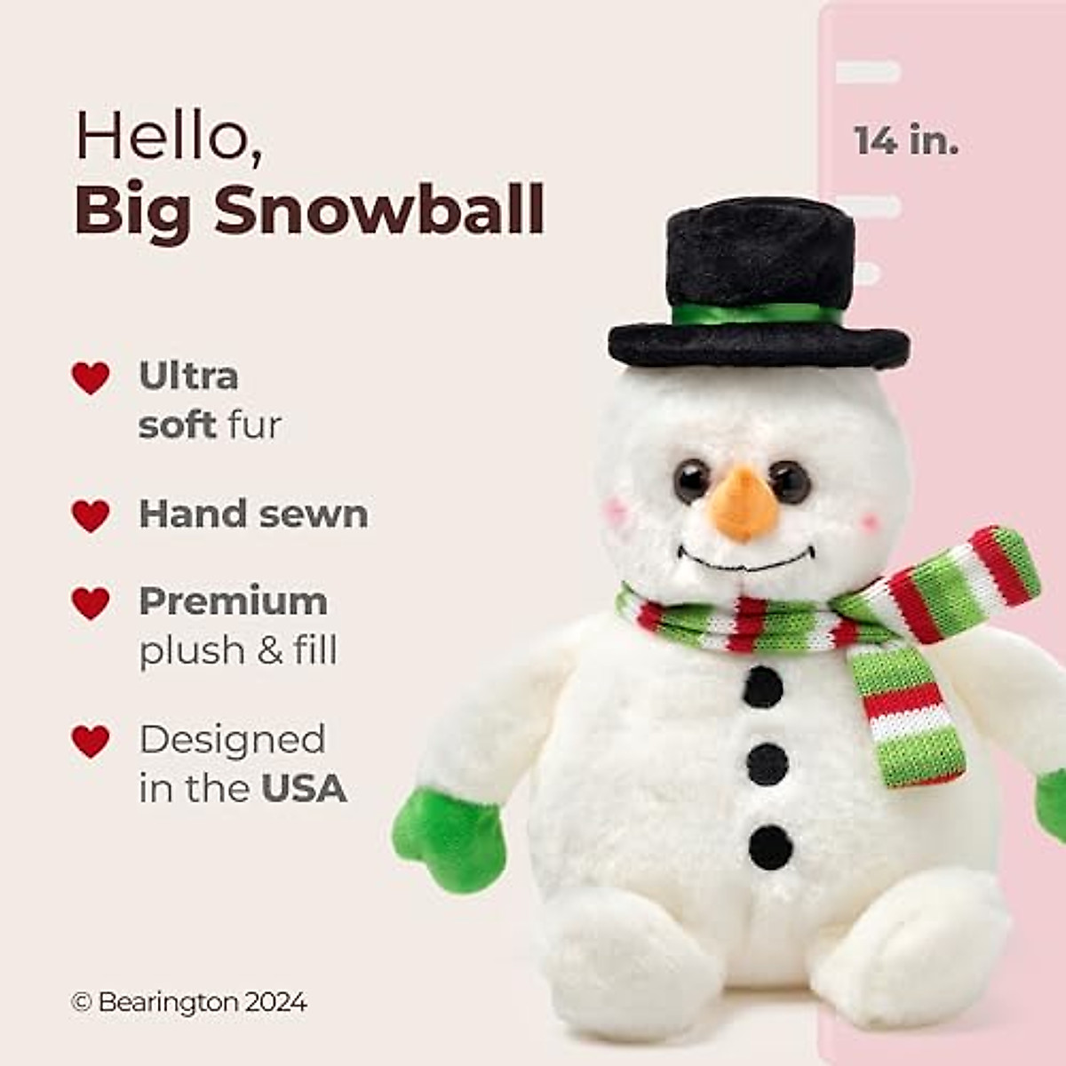 Bearington Big Snowball Snowman Plush, 12 Inch Snowman Stuffed Animal, Ideal Stuffed Christmas Animals Gift for Toddlers, Kids & Teens