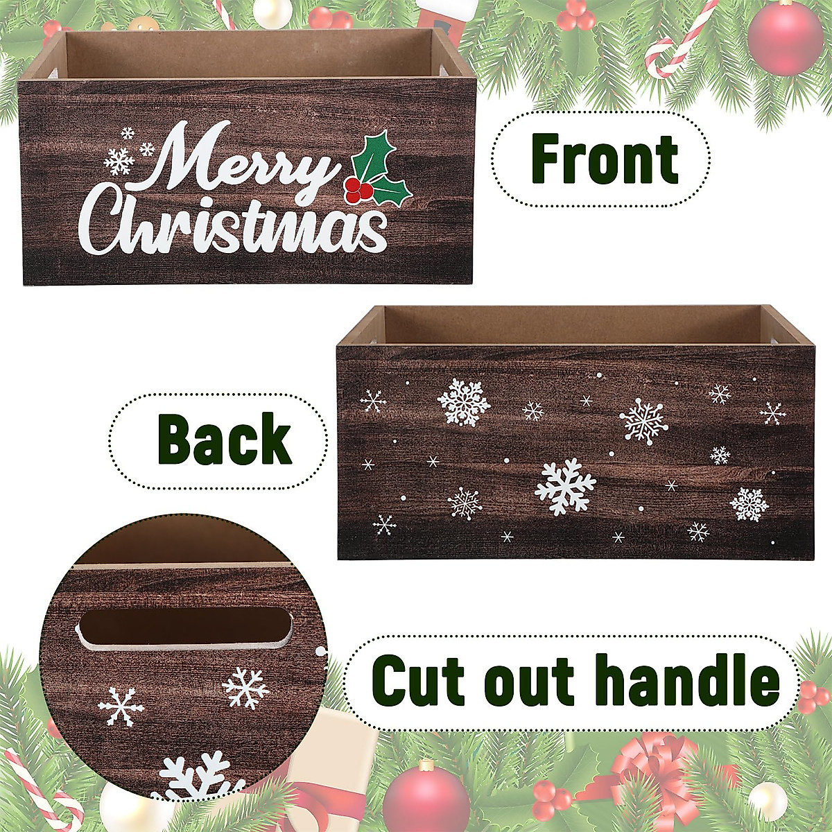 Namalu Christmas Hot Cocoa Bar Storage Box Wooden Crate with Handles Hot Cocoa Decorative Rustic Farmhouse Wood Basket Christmas Wood Storage Bins Organizer Bucket for Xmas Candy Dish Home (Wood)