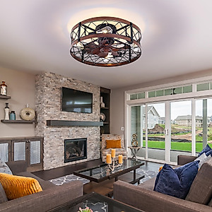 REDSTAR Retro Small Ceiling Fan with Light Remote Control, Ceiling Fans with Lights Flush-Mount, Low-Profile Ceiling Fan with Light, Caged Ceiling Fan with Light (Black)