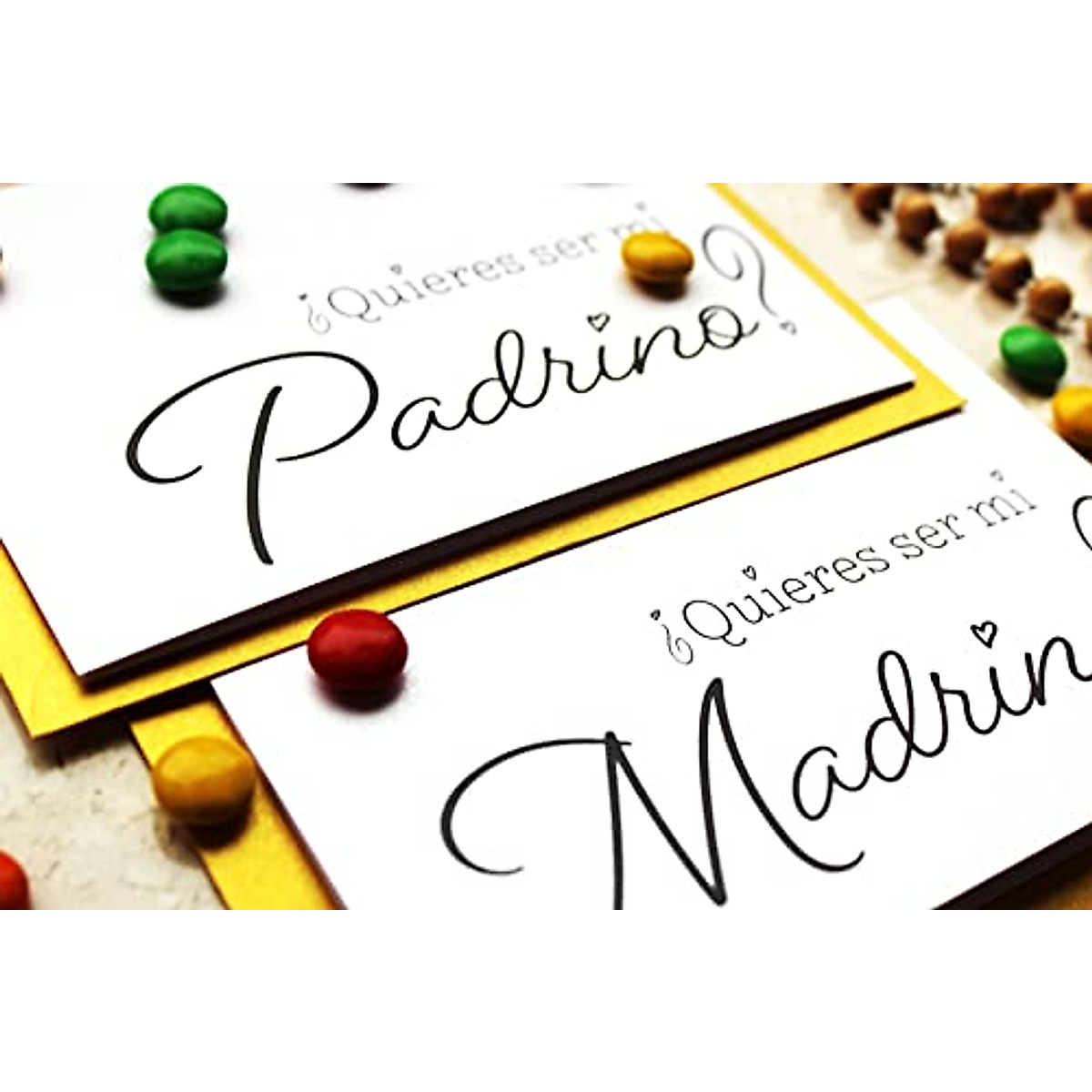 Spanish Will you be my Godparents Cards (Madrina & Padrino) - Godmother & Godfather Proposals in Black-and-White Lettering, with Golden Shimmer Envelopes (Set of 2 cards) (Madrina & Padrino)