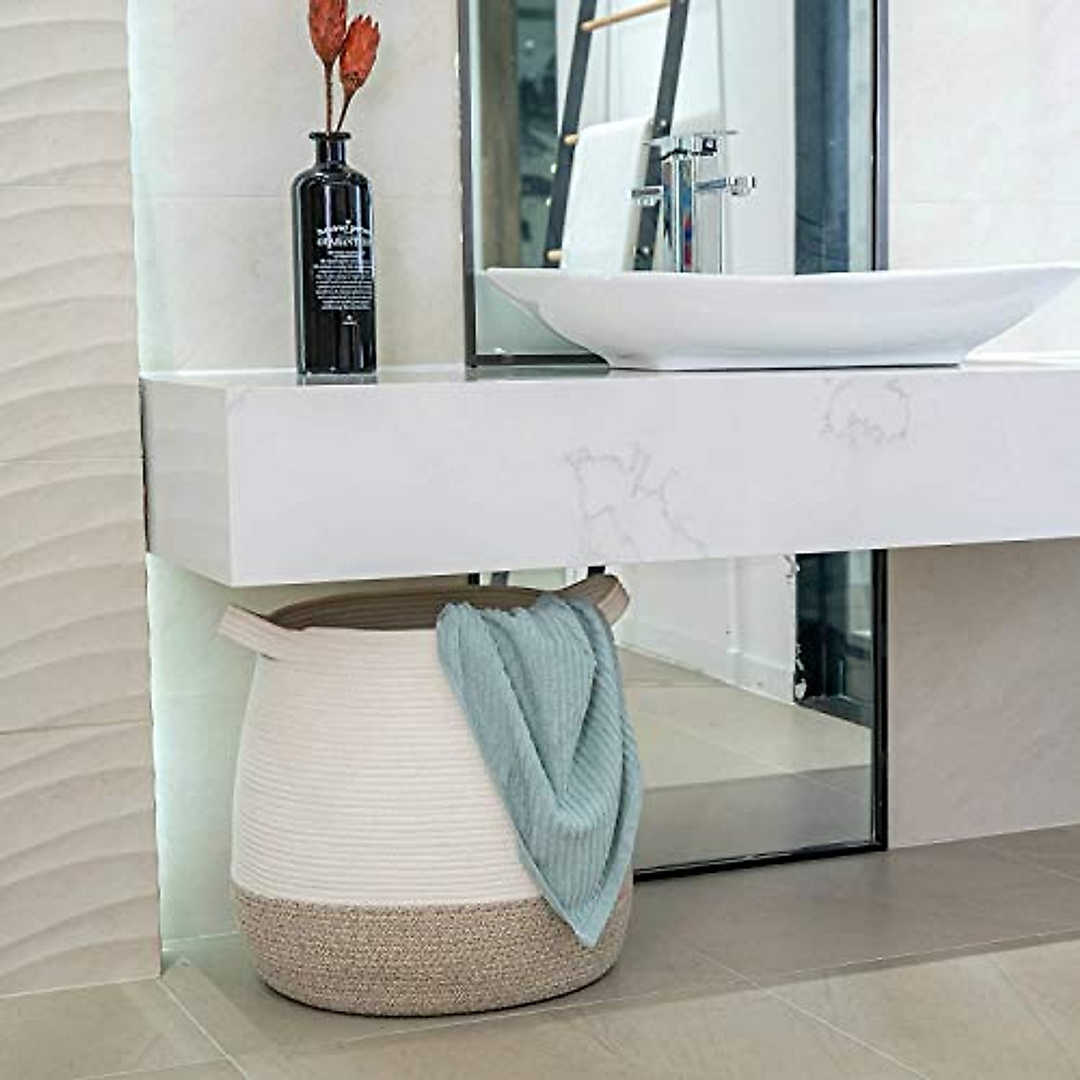 MINTWOOD Design Large 17 x 17 Inches Decorative Woven Cotton Rope Blanket Basket for Living Room, Laundry Basket Hamper, Storage Baskets with Handles for Toys, Throws, Pillows, Towels, Shoes, Brown