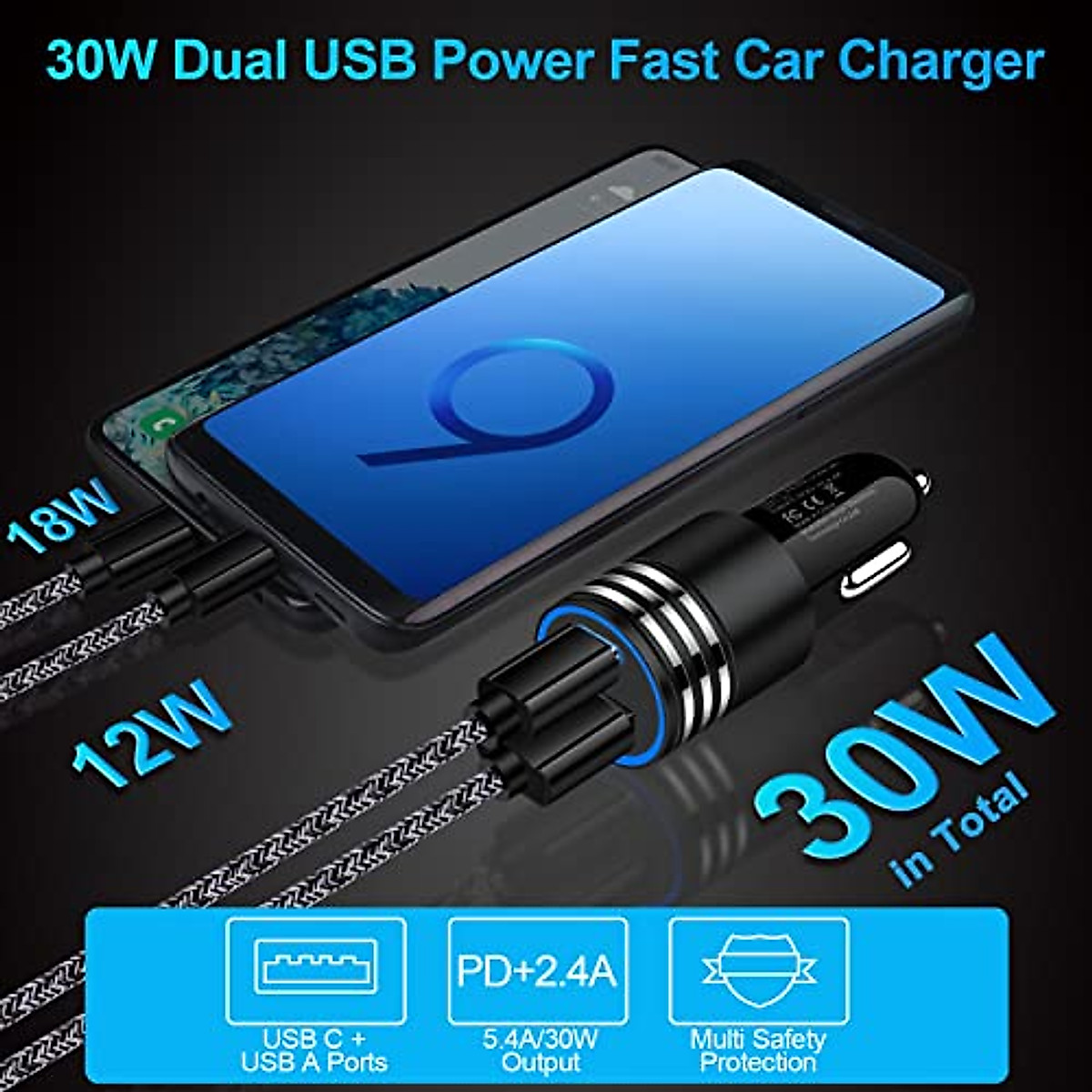 Fast Charging USB C Car Charger for iPhone 14 13 12 11 Pro Max SE XR XS X 8 Samsung Galaxy S23 S22 S21 S20 FE Note20 A12 A32 Google Pixel 7 Pro/6a/6/5/4a/4/3a 3XL,2Pack 30W PD+2.4A Type C Car Adapter