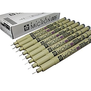 Sakura Pigma Micron pen 005 Black ink marker felt tip pen, Archival pigment ink, fine point for artist drawing pens - 8 pen set