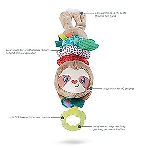 Infantino Music & Motion Pulldown Sloth - Musical Plush Sloth with Multi-Textured teether for Tactile Exploration, Easily attaches to Strollers and Gyms, BPA-Free