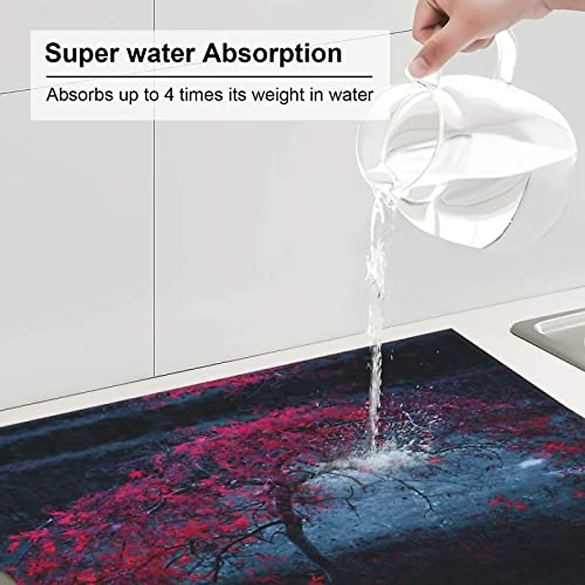 Scenery Tree Printed Drying Mat For Kitchen Ultra Absorbent Microfiber Dishes Drainer Mats Non-Slip Silicone Quick Dry Pad - 18 X 16inch