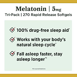 Nature's Bounty Melatonin 100% Drug Free Sleep Aid, Dietary Supplement, Promotes Relaxation and Sleep Health, 5 mg, 90 Count, Pack of 3