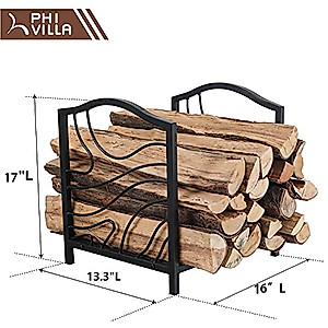 PHI VILLA 17 Inch Firewood Log Rack Bin Indoor/Outdoor Decor Steel Fireplace Wood Holder Storage Brackets Holder Wood Burning Stove Accessories, Black Wave