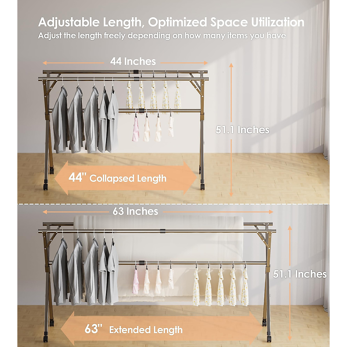 KitchLife Upgraded Clothes Drying Rack with Wheels, No Assembly Required, 63 Inches, Super Heavy Duty 201 Stainless Steel, Adjustable Foldable Laundry Drying Rack