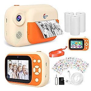 Seemee Instant Print Camera for Kids, Funny Selfie Camera, Kids Digital Camera with 3.5" Screen, 32G Card, Print Papers, Stickers, Dual Cameras HD 1080P, Birthday Gifts Toys for Boys Girls (Beige)