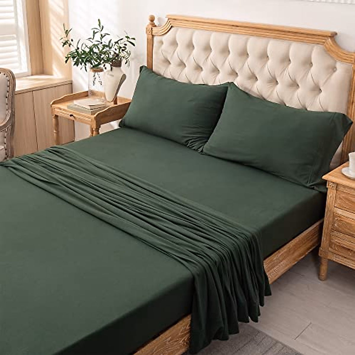 PURE ERA Jersey Knit 4pc Bed Sheet Set 100% T-Shirt Cotton Super Soft Comfy Breathable Fits Mattress Up to 20" Extra Deep Pocket (Solid Forest Green, Queen)