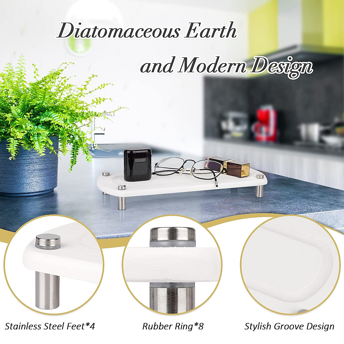 Ozzptuu Sink Caddy Instant Dry Kitchen Sink Organizer Sponge Holder for Kitchen Sink Diatomaceous Pedestal Stand Riser with Stainless Steel Feet Protection for Modern Home (White)