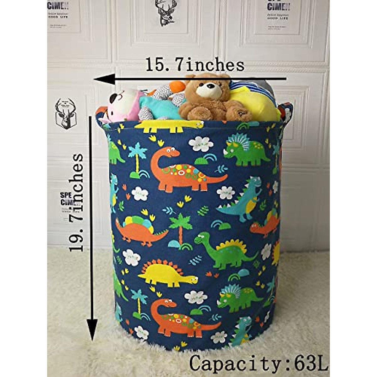 ACMUUNI Round Canvas Clothes Basket Laundry Hamper dark blue dinosaur