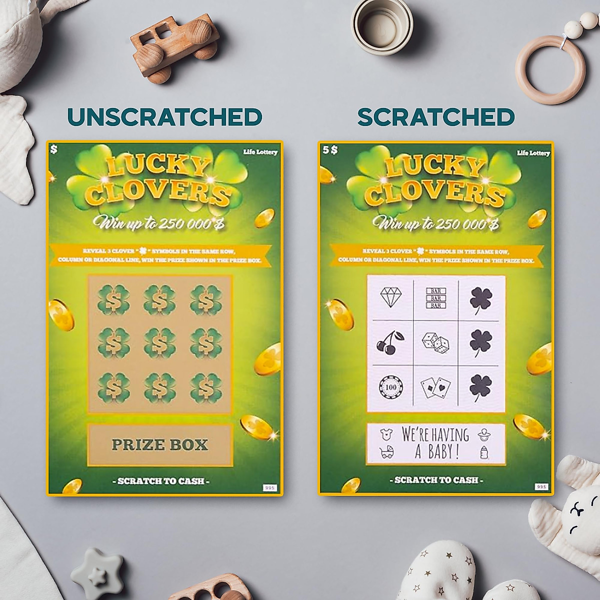 VNS Creations 5 Pregnancy Announcement Scratch Off Cards - Fun Ways to Announce Pregnancy - Baby Reveal Ideas for Grandparents - Fake Lottery Pregnancy Reveal to Husband, Wife, Kids, Family
