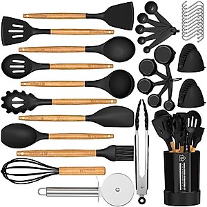 Silicone Kitchen Cooking Utensil Set, Fungun 35 Pcs Kitchen Utensils Spatula Set with Utensil Holder for Nonstick Cookware, BPA Free Cooking Utensils, Kitchen Tools Gift (Black)