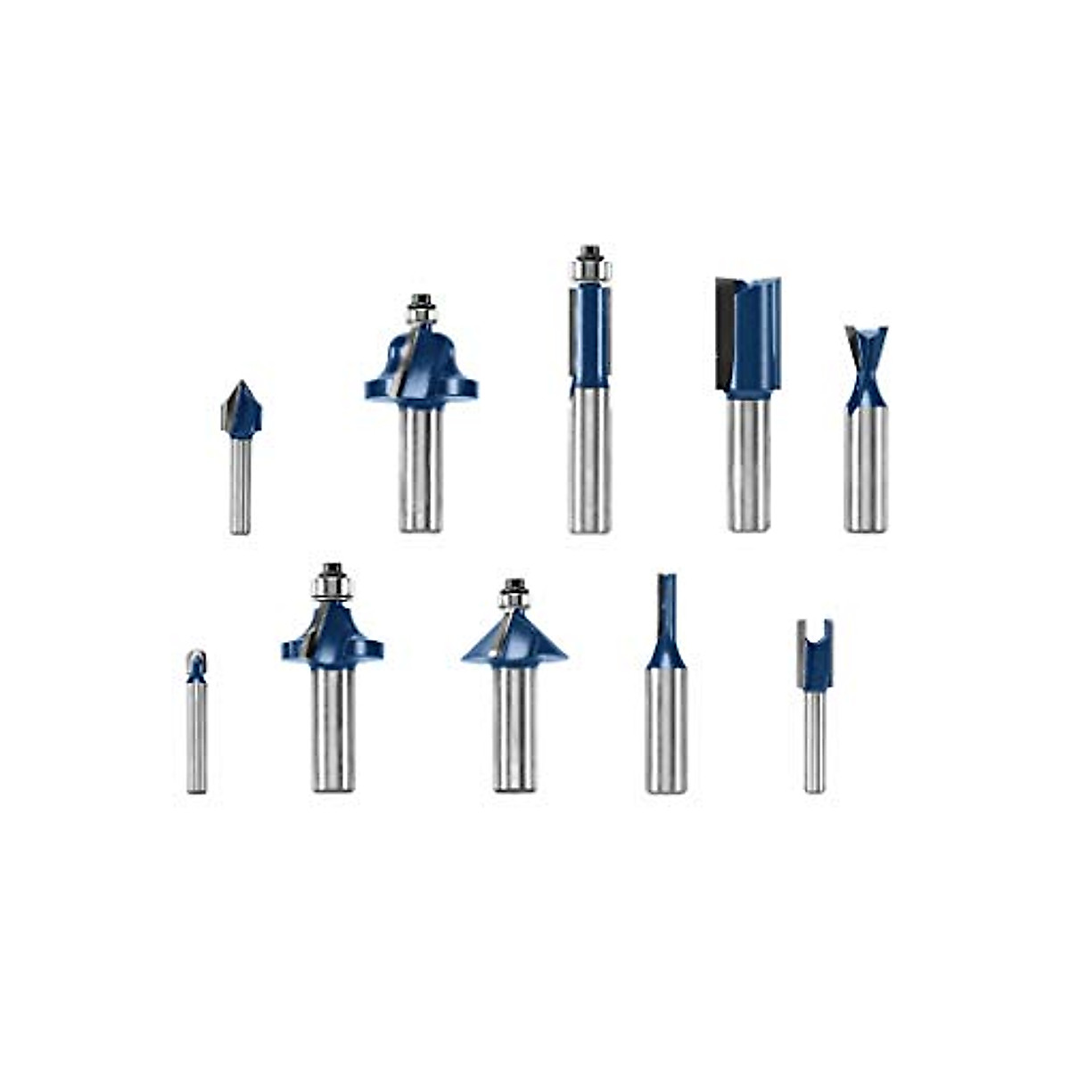 BOSCH RBS010 10-Piece 1/2 In. and 1/4 In. Shank Carbide-Tipped All-Purpose Professional Router Bits Assorted Set with Case for Applications in Straight, Trimming, Decorative Edging, Dovetail Joinery