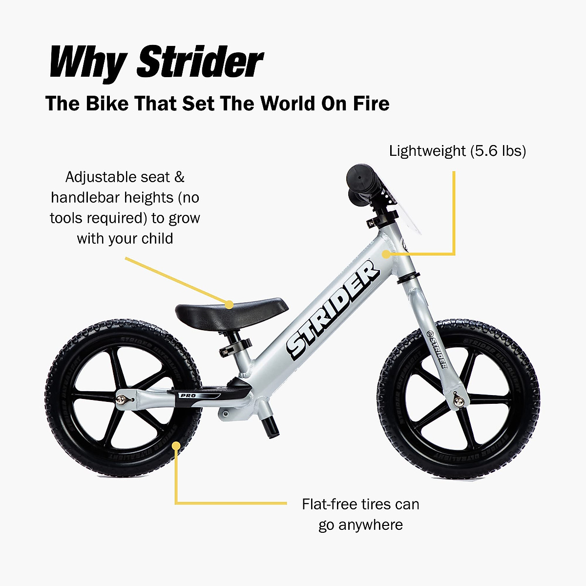 Strider 12” Pro Bike, Silver - No Pedal Balance Bicycle for Kids 18 Months to 5 Years - includes Safety Pad, Padded Seat, Mini Grips, Flat-Free Tires & Number Plate - Tool Free