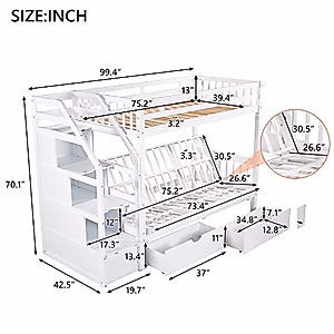 Twin Over Full Futon Bunk Beds with Stairs and Storage Drawers Convertible Wood Bunk Bed Frame Couch and Bed for Kids Boys Girl Adults Teens Dorm, White
