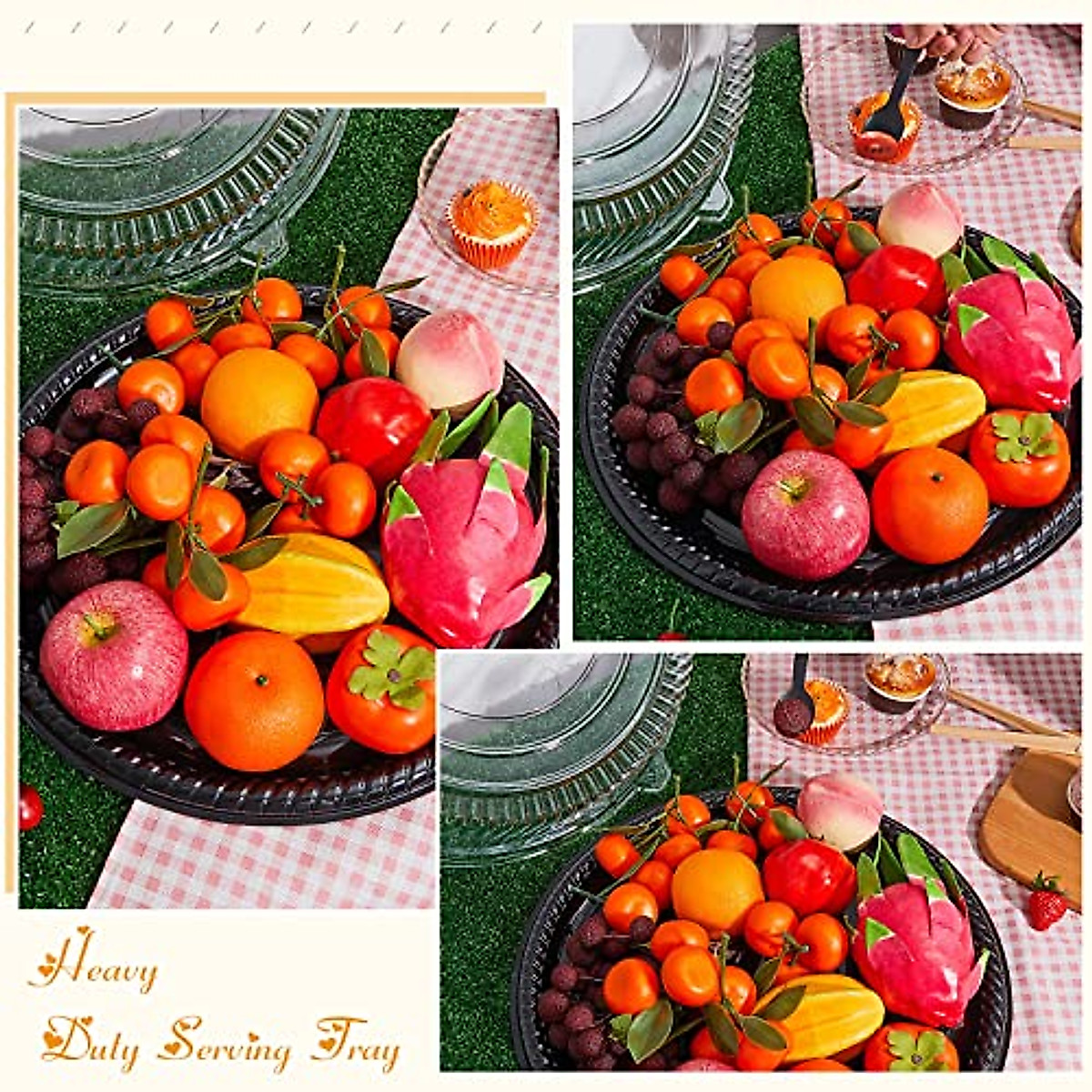 12 Pack Heavy Duty Serving Tray with Clear Lid and Sporks, Large Plastic Tray with Elegant Platter Round Black Disposable for Fruit Sandwich Party Takeout Food Catering Picnic (12 Inch)