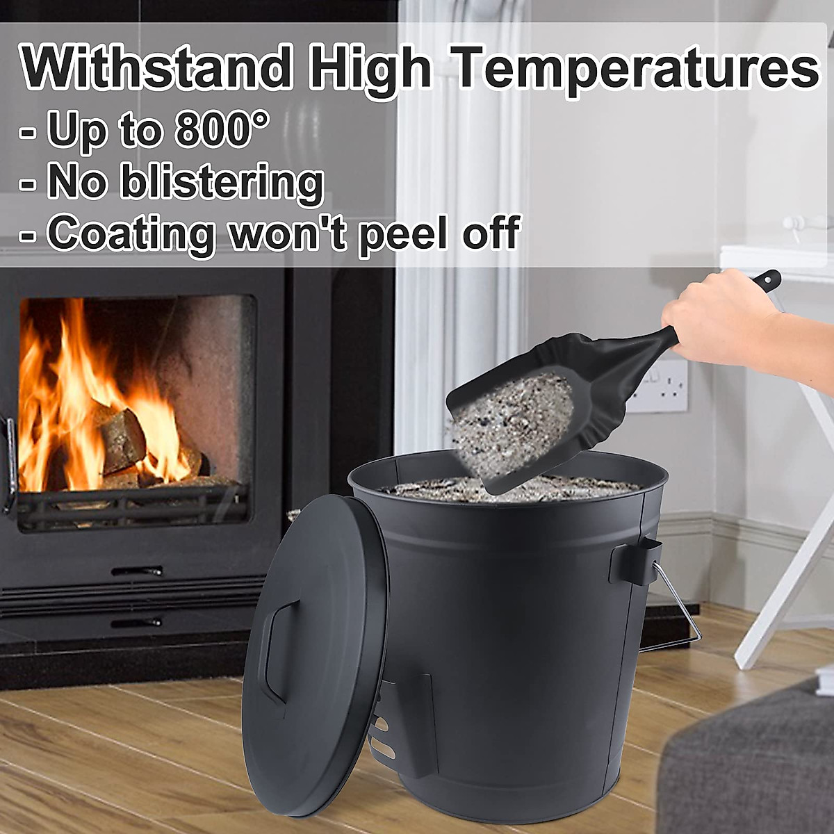 Ash Bucket with Lid and Shovel Hand Broom, 5.15 Gallon Large Galvanized Iron Metal Fireplace Tools Ash Pail for Fire Places Fire Pits Wood Burning Stoves Hearth Accessories Indoor Outdoor, Black