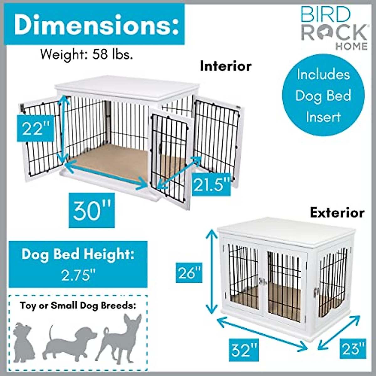 BIRDROCK HOME Decorative Dog Kennel with Pet Bed for Small Dogs - White - Double Door - Wooden Wire Dog House - Indoor Pet Dog Crate Side Table - Bed Nightstand