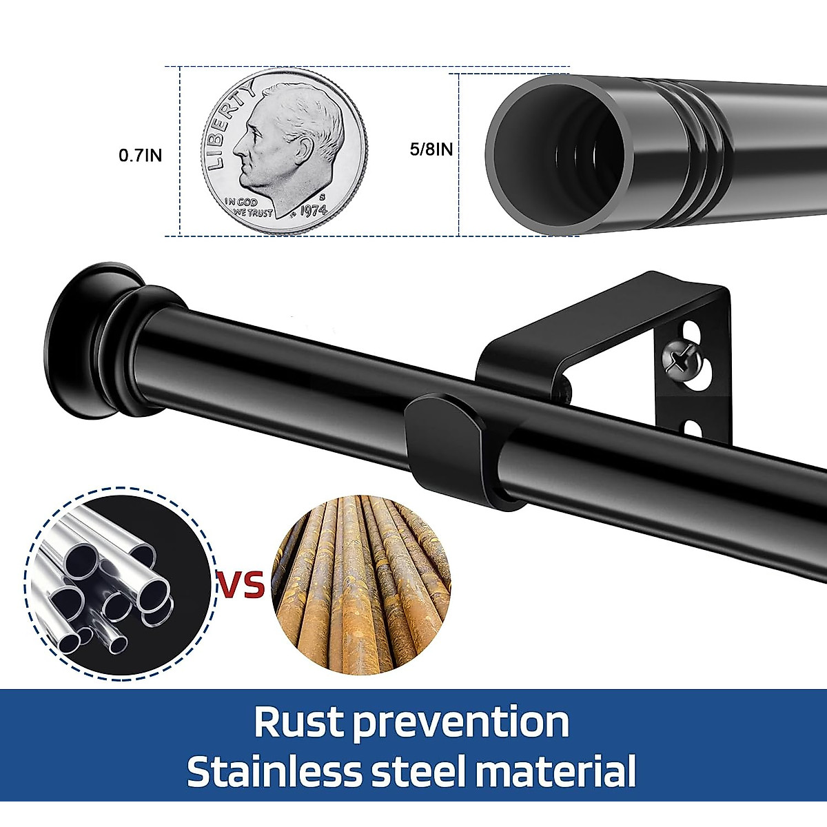 Standard Decorative Window Curtain Rods 30 to 45 Inch,5/8 Inch Diameter Small Curtain Rod Set, Heavy Duty Drapery Rods with Brackets-Black