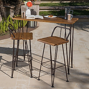 Christopher Knight Home Denali Outdoor Industrial Acacia Wood Bar Set with Finished Iron Frame, Teak Finish / Rustic Metal