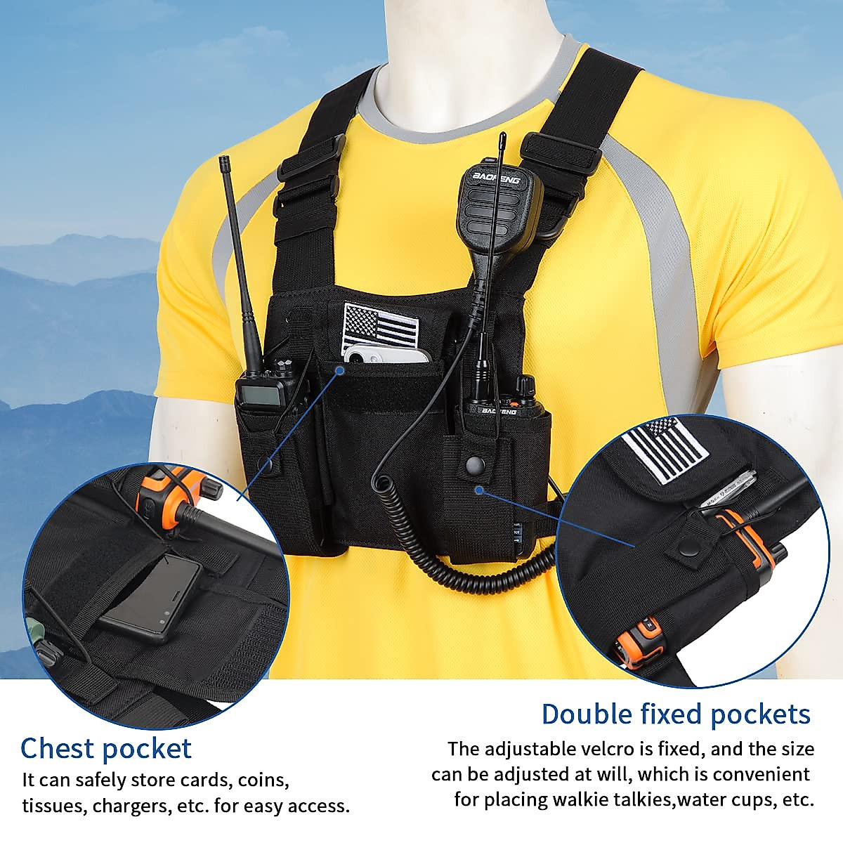 MANGEMA Radio Shoulder Holster Chest Harness Holder Vest Rig for Universal Two Way Radio Chest Front Pack Pouch Walkie Talkie Case with Front Pouches for Kenwood Retevis Baofeng UV5R F8HP UV82
