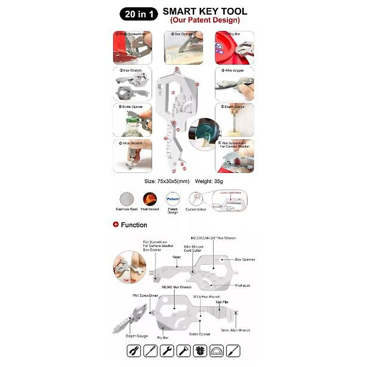 20 In 1 Multi key tool, survival tool, back up tool, key chain belt loop tool.