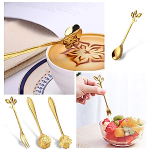12PCS Leaf Flower Coffee Spoon Set, FULANDL Stainless Steel Tea Spoon Dessert Demitasse Espresso Spoons and Forks, Reusable Tableware Stirring Spoon Ice Cream Spoon for Coffee, Tea, Cake (Gold)