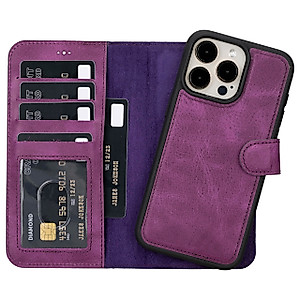 HARDISTON Genuine Leather Handmade Wallet Case Compatible with iPhone 15 Pro Max - MagSafe Compatible - Detachable Magnetic Flip Cover with Card Holders - Horizontal Kickstand (Purple)