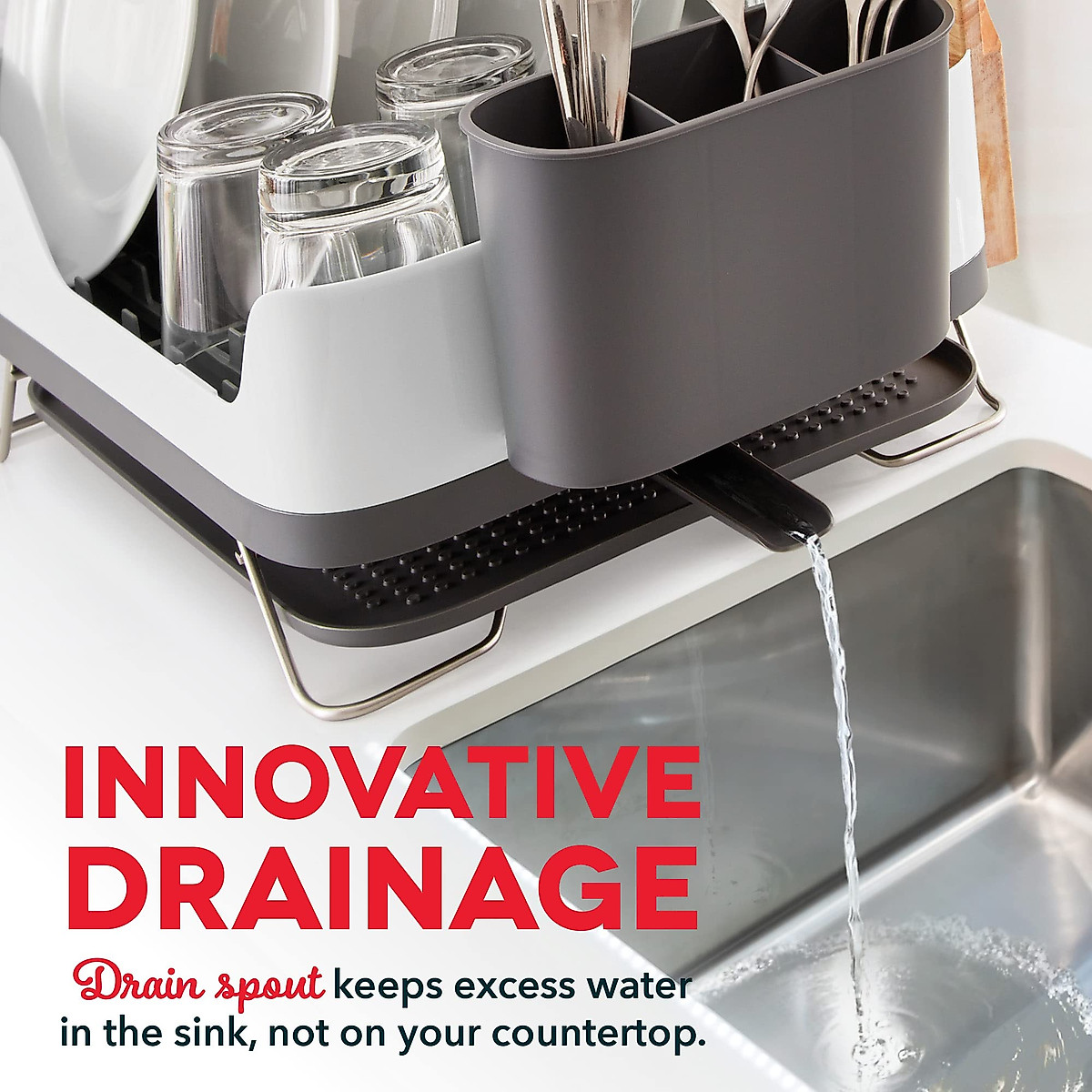DASH SmartStore™ Full Size Dish Rack – Plates, Cups, Utensil Holder, Knife Slot, Drainage Spout + Drying Mat – White