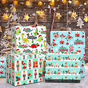 MotiGiftie Christmas Wrapping Paper for Kids Boys Girls, 12 Sheets Xmas Gift Wrapping Paper Dinosaurs, Sloth, Polar Bear, Penguin, Nutcracker, Red Truck Designs Gift Wrap 20 x 28 Inches