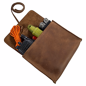 Saddle & Hide Co., Classic Organizer Bag with Strap, Multipurpose Pouch for Cosmetics, Wallets, Cellphones, Full Grain Leather, Handmade, Bourbon Brown