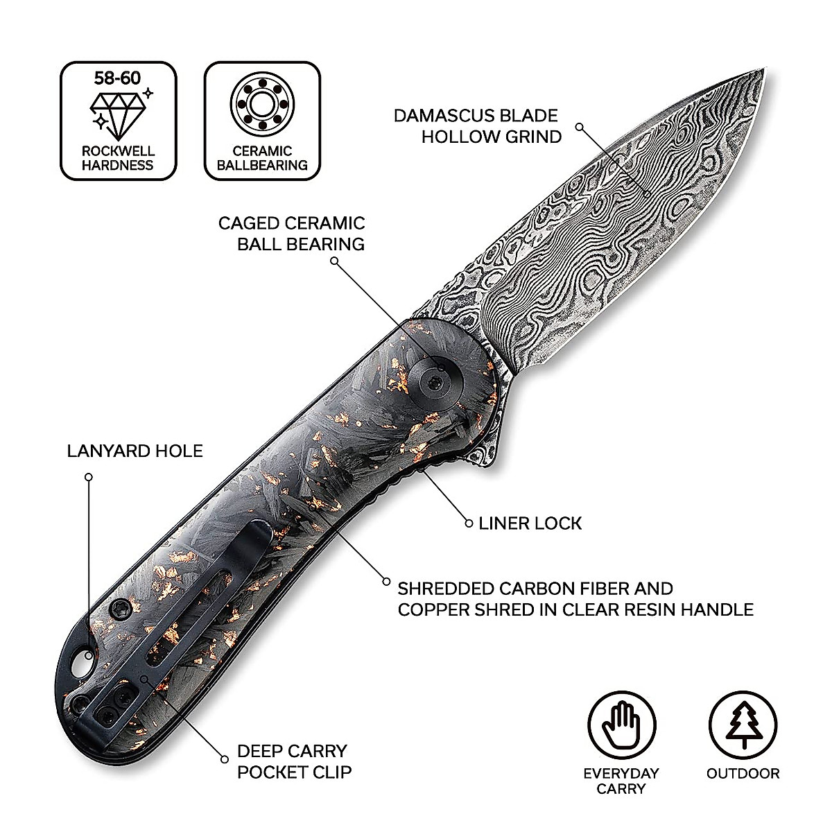 CIVIVI Elementum Folding Pocket Knife for Men, 2.96" Damascus Blade Folder with Low Profile Pocket Clip for EDC C907C-DS3