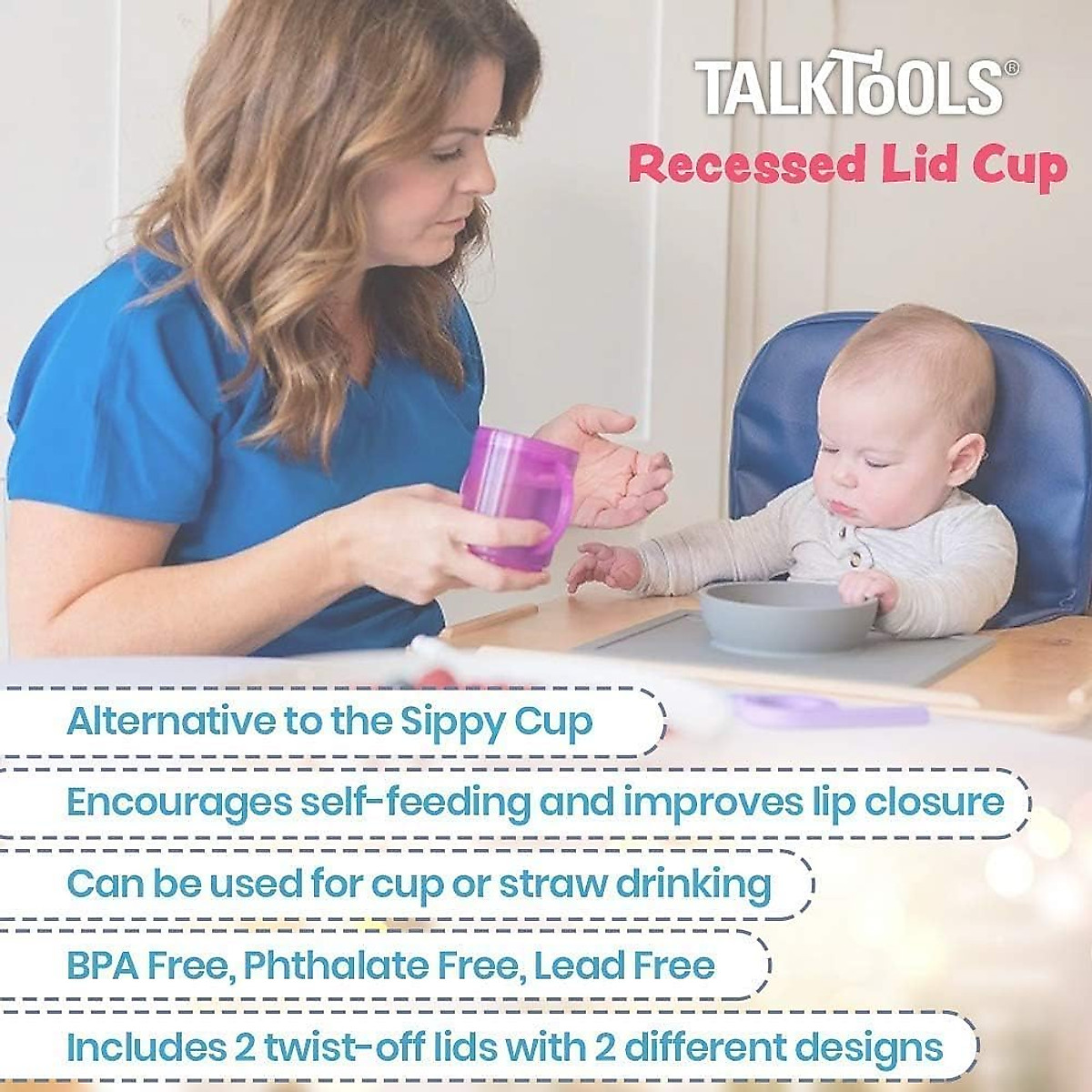 TalkTools Recessed Lid Cup with Handles - Leak Proof | Promotes Oral Motor Skills, Lip Closure, and Self Feeding | Alternative to Sippy Bottle | Food Grade Materials | Dishwasher Safe (Purple)