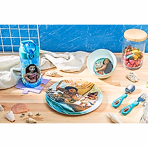 Zak Designs Moana Dinnerware Set Includes Plate, Bowl, Water Bottle, and Utensil Tableware, Made of Durable Material and Perfect for Kids (Moana and Maui, 5 Piece Set, BPA Free)