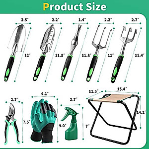 Yongkist 9 PCS All-in-one Garden Tools Set, Heavy Duty Cast-Aluminium Alloy Gardening Tools Kit with Folding Stool Seat&Detachable Canvas Tool Bag , Non-Slip Rubber Grip, Outdoor Hand Tools