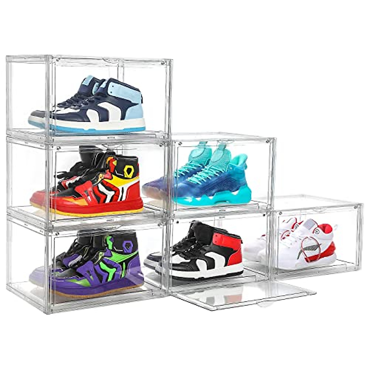 XGGJWW Shoe Storage Boxes 6 Pack x 25Qt Display Case with Magnetic Door, Clear Stackable Organizer Storage Bins for for Closet, Foldable Shoe Rack for Sneakers, High Heels, Boots