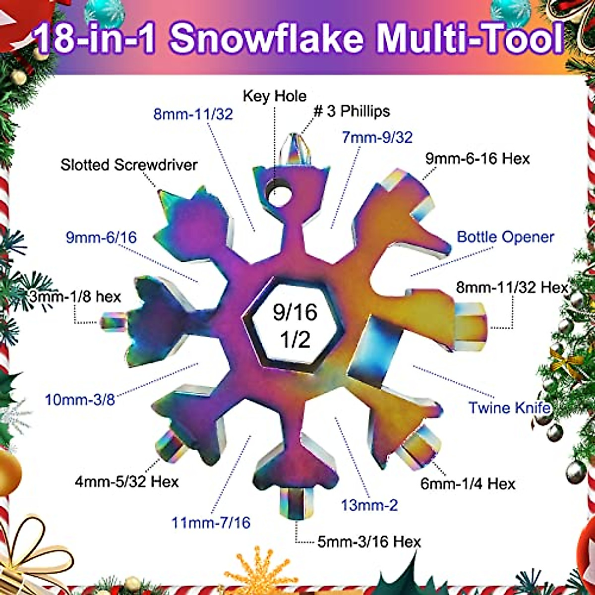 Motiloo 18 in 1 Snowflake Multitool,4 Packs Snowflake Multi Tool,Stainless Steel Snowflake Wrench/Bottle Opener with Key Ring Portable to Take for Great Men Fathers Christmas Gift