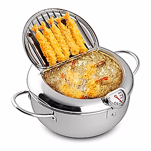 BestAlice Deep Fryer Pot, 8in(2.2L) Stainless Steel Frying Pot, Upgrade Deep Fryer Pot with Thermometer, Japanese Small Deep Frying Pot with Oil Drip Drainer Rack for French Fries Fish Chicken