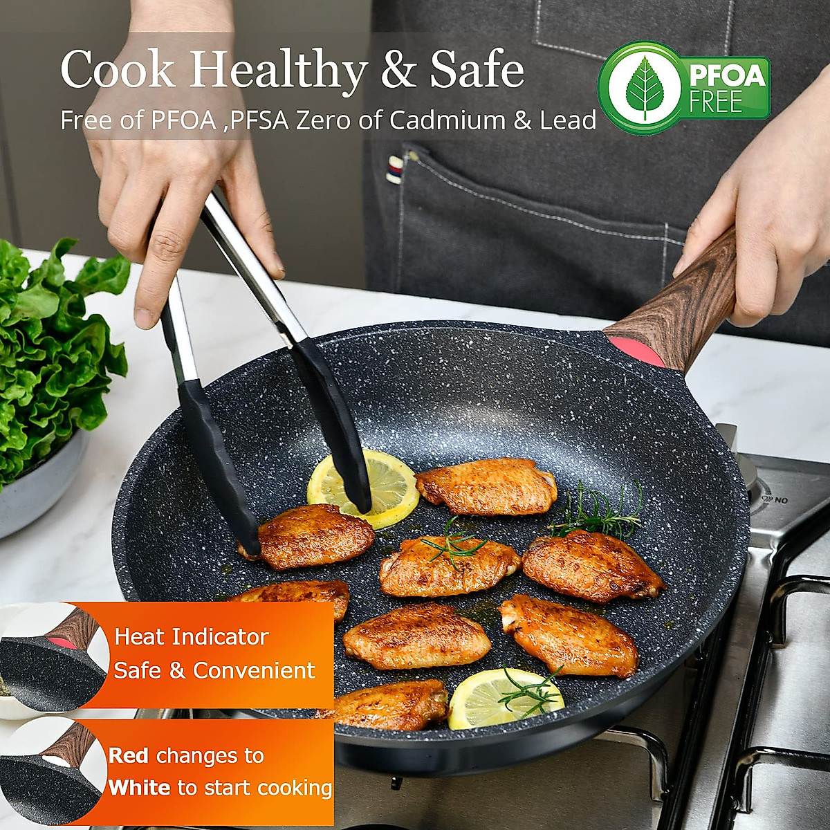 DIIG Nonstick Frying Pan with Lid, 12 in No Stick PFOA-Free Granite Coating Chef's Pan, Large 30 cm Cooking Pans for Family, Gift Cookware Pan Set for Gas Stove, Induction Top