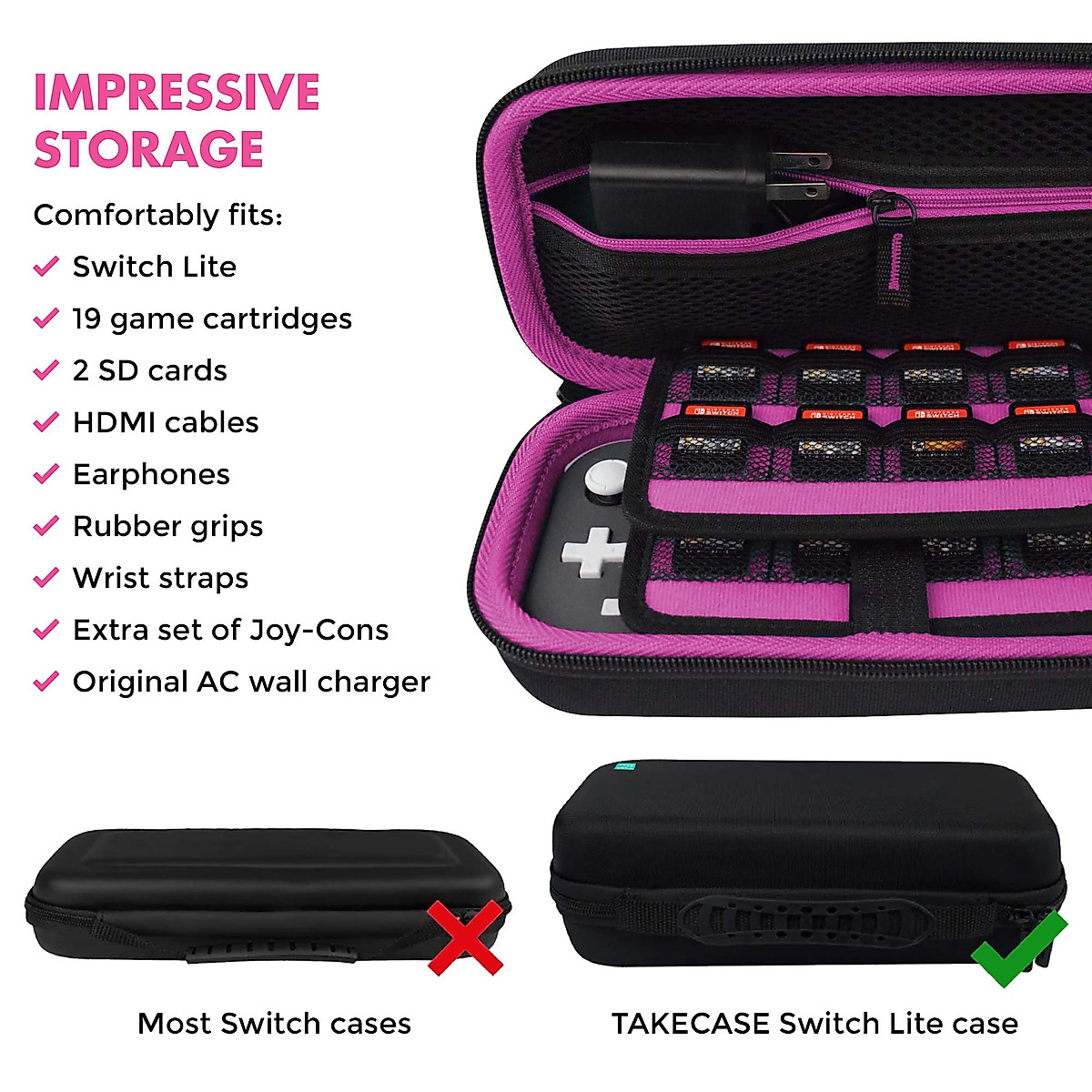 TakeCase Carrying Case Compatible with Nintendo Switch Lite - Includes Pouch That Fits Adapter/Charger, Accessories, and 16 Games Storage - Perfect for Travel - Pink/Black