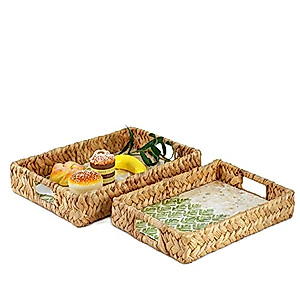 MadeTerra Rectangular Seagrass Tray with Mother of Pearl Inlay Wooden Base Insert Handle, Decorative Nacre Serving Basket for Food, Coffee Table Decor, Decoration, Storage and Display (Set of 2)