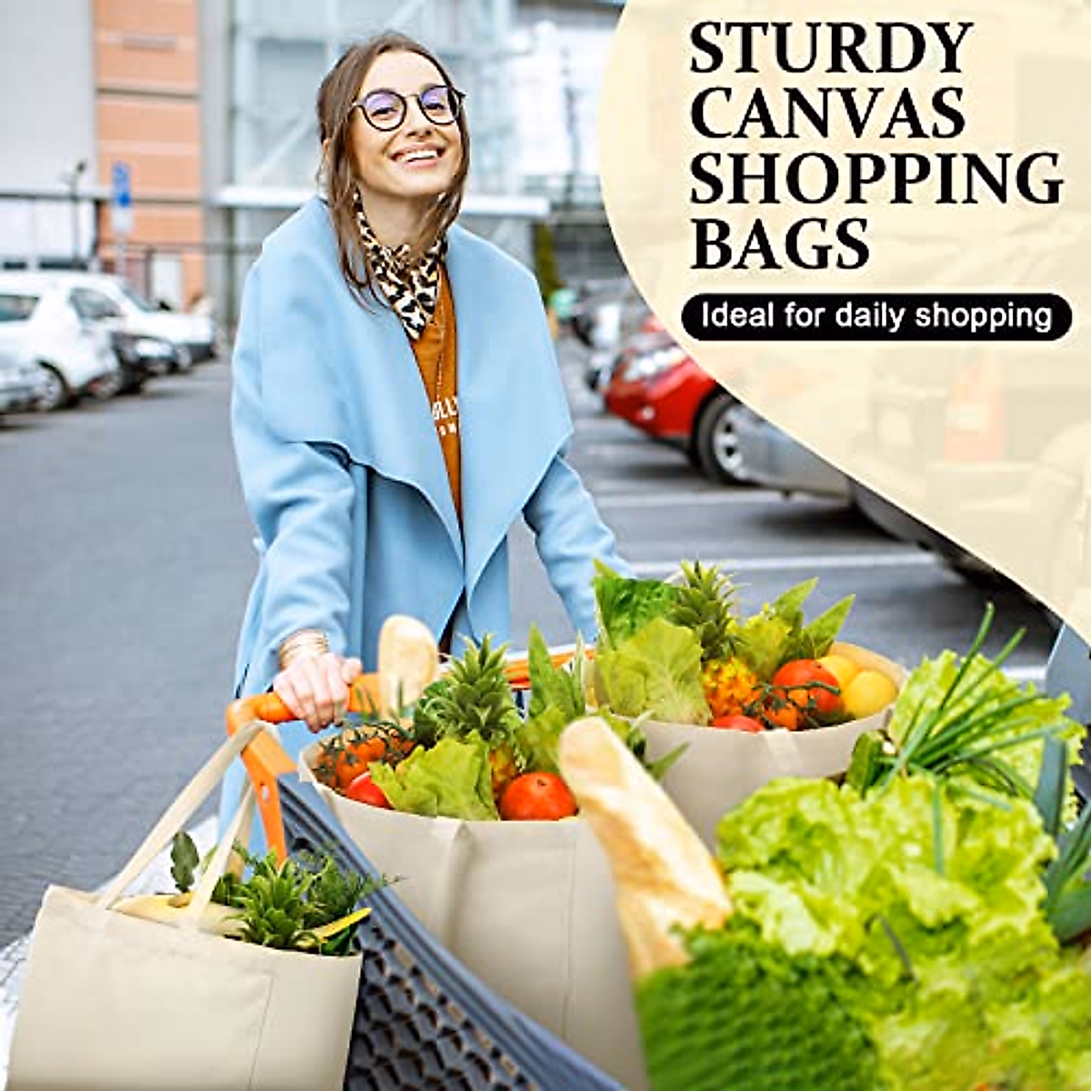 12 Pieces Canvas Grocery Bag Large Blank Tote Bags, Reusable Canvas Shopping Bag with Long Handle White Washable Foldable Plain Natural Heavy Duty Totes Bags Bulk for Kitchen, 14 x 14 x 7.9 Inch