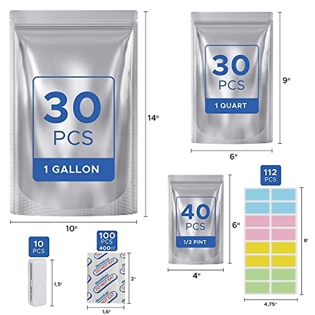 Seepace 100 Mylar Bags for Food Storage with Oxygen Absorbers 400cc(10 pack of 10) - 1 Gallon (30pcs) - 1 Quart (30pcs) - 1/2 Pint (40pcs) - 10 Mil Thick - 112 Labels - 10 Sealing Clips for Mylar Bags